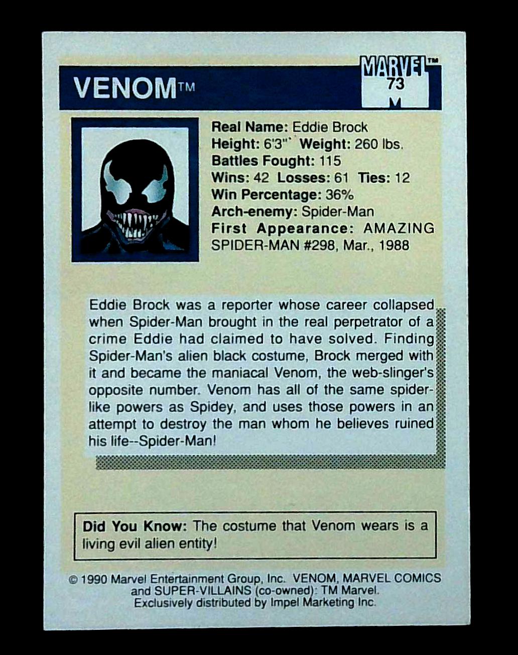 Venom 1990 Impel Marvel Universe #73 Super-Villains Rookie RC – Great ...