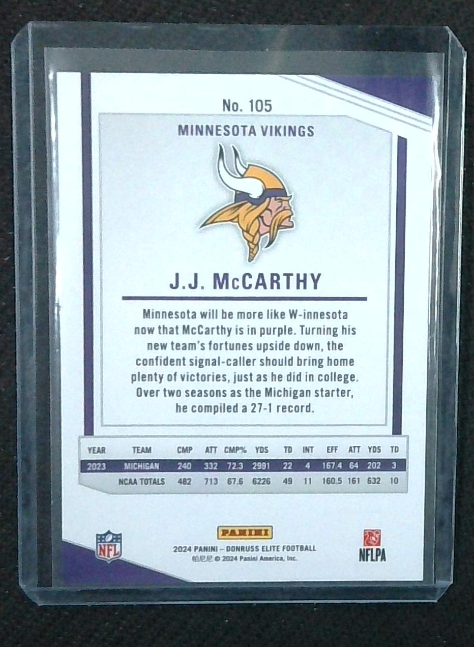 J.J. McCarthy 2024 Donruss Elite Rookie #105 Maroon #d /249 Minnesota ...