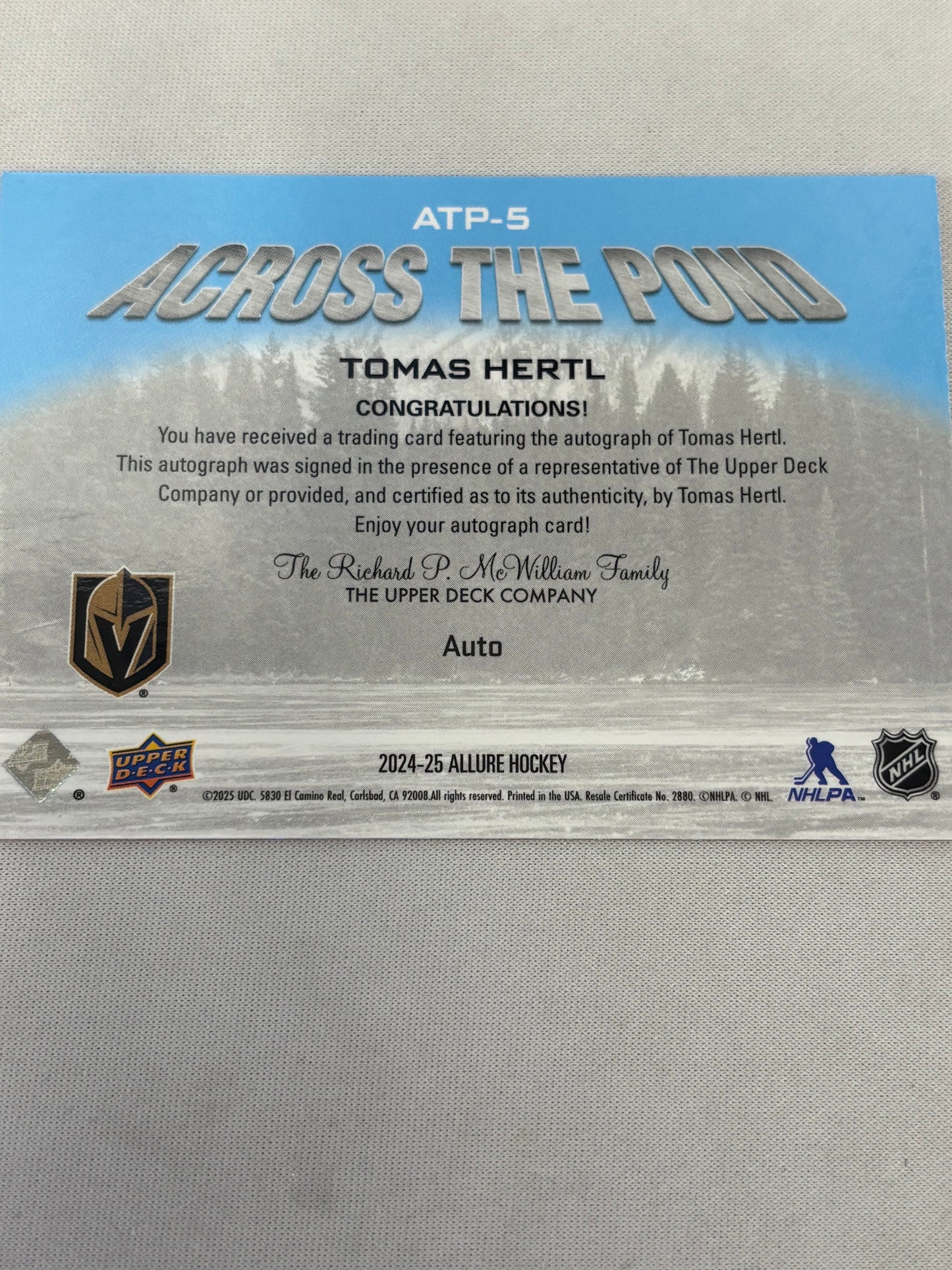 2024 UPPER DECK ALLURE #ATP-5 TOMAS HERTL ACROSS THE POND AUTO – Great ...