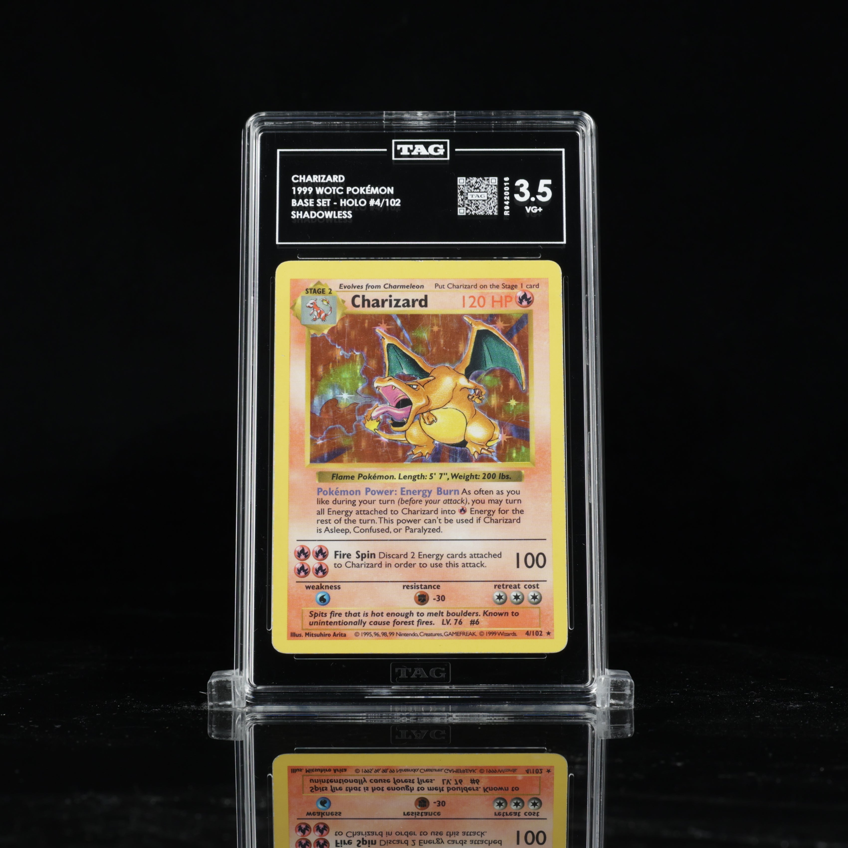 CHARIZARD 1999 WOTC POKÉMON #4/102 BASE SET - SHADOWLESS HOLO TAG 3.5 ...