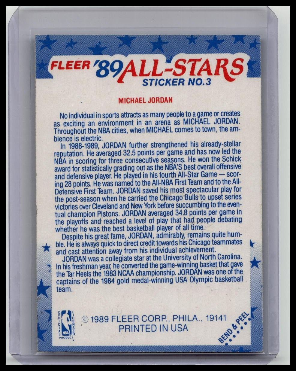 1989-90 Fleer - Michael Jordan '89 All-Stars Sticker Insert No.3 ...