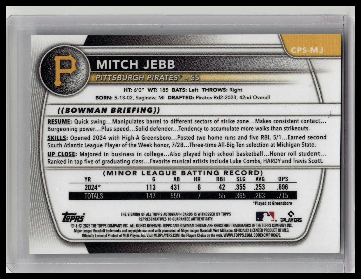 2025 Bowman Sapphire Edition Chrome Mitch Jebb #CPS-MJ Green Sapphire ...